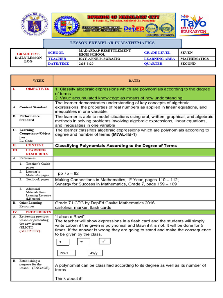 Grade 7 Math: Classifying Polynomials | PDF | Polynomial | Learning