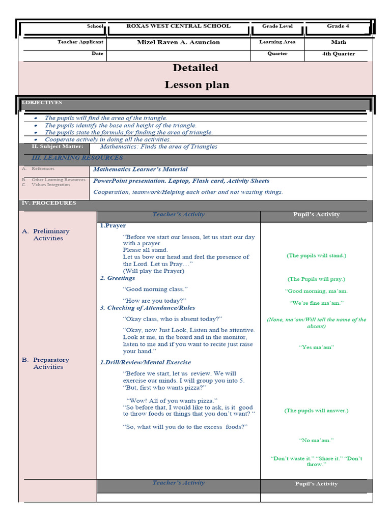Grade 4 Math Lesson Plan: Area of Triangles | PDF