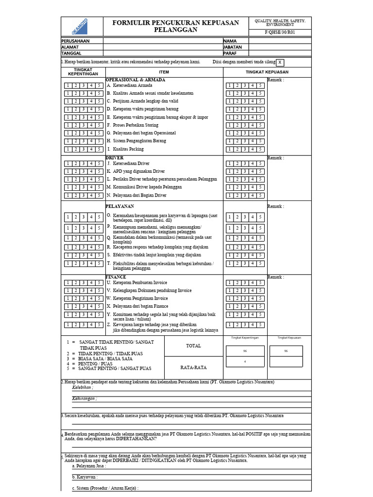 QHSE30 - Formulir Kuesioner Pelanggan Okamoto - R01 | PDF