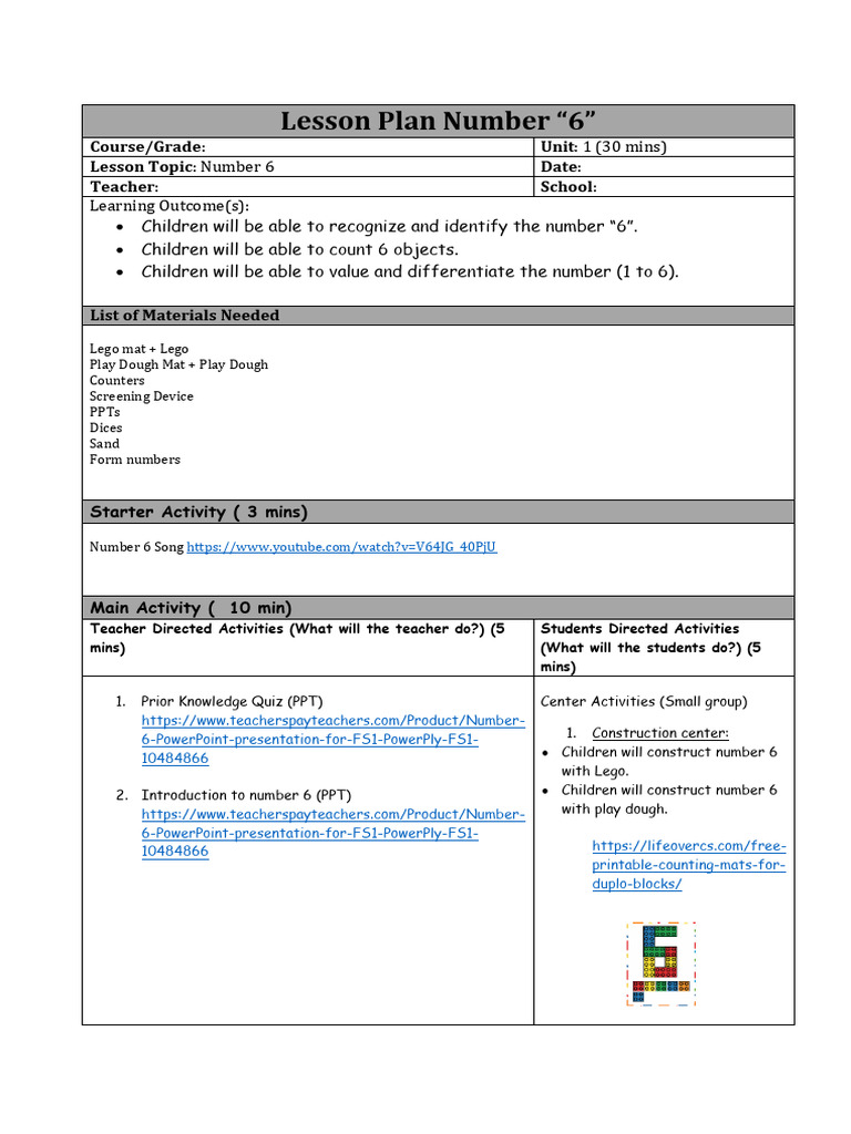 Lesson Plan Number "6": Course/Grade: Unit: 1 (30 Mins) Lesson Topic ...