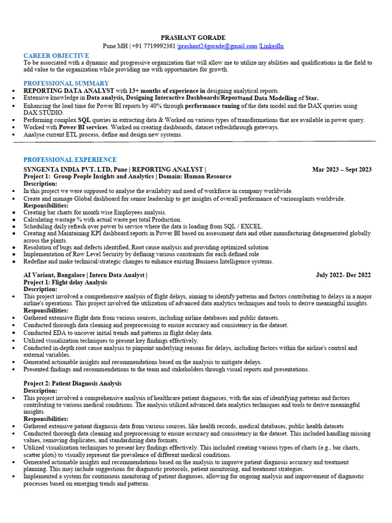 PRASHANT GORADE's Resume | PDF | Data Analysis | Data