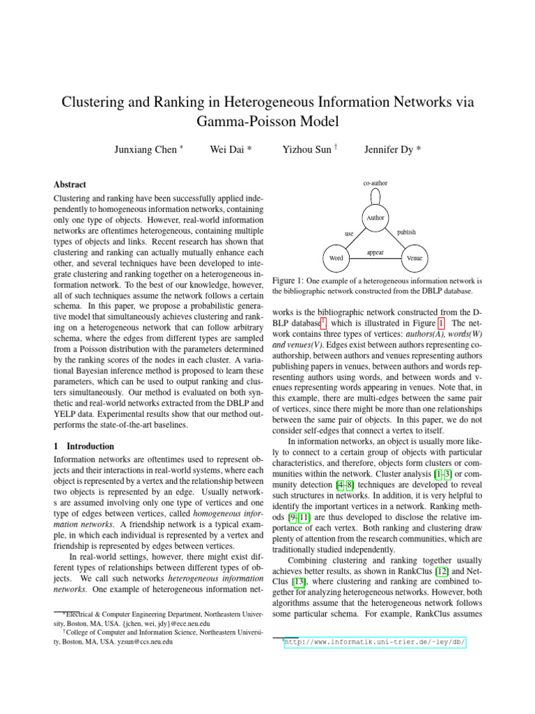 Clustering and Ranking in Heterogeneous Information Networks Via Gamma-Poisson Model | PDF