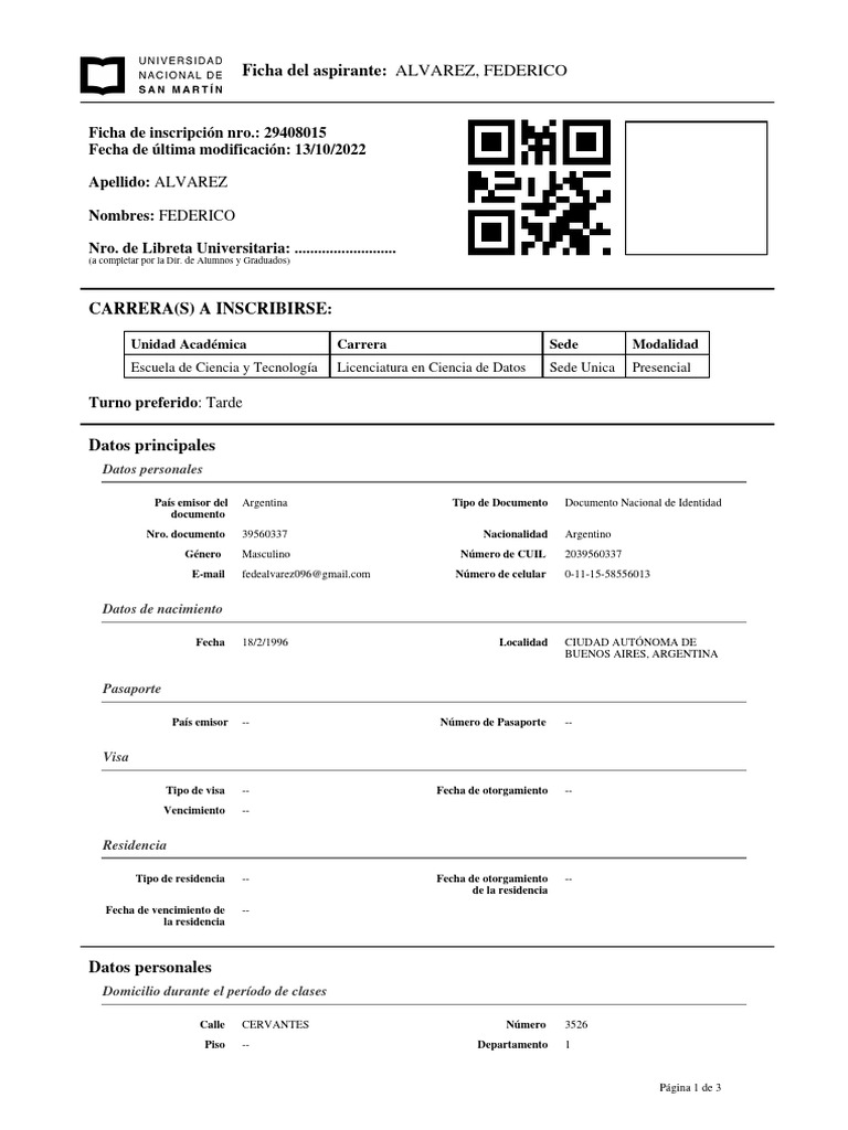 Formulario de Preinscripción - UNSAM | PDF