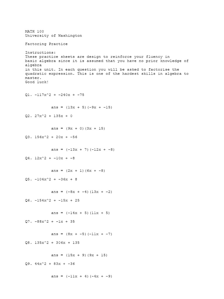 Factoring Quadratic Expressions Practice | PDF