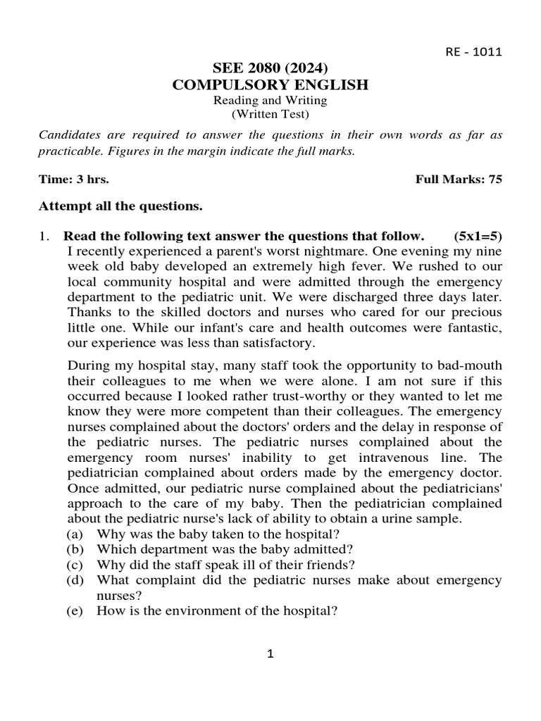 SEE 2080 (2024) Compulsory English: Attempt All The Questions. (5x1 5 ...