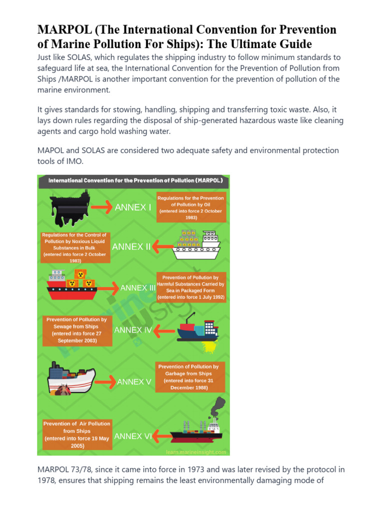 MARPOL (The International Convention For Prevention of Marine Pollution For Ships) | PDF
