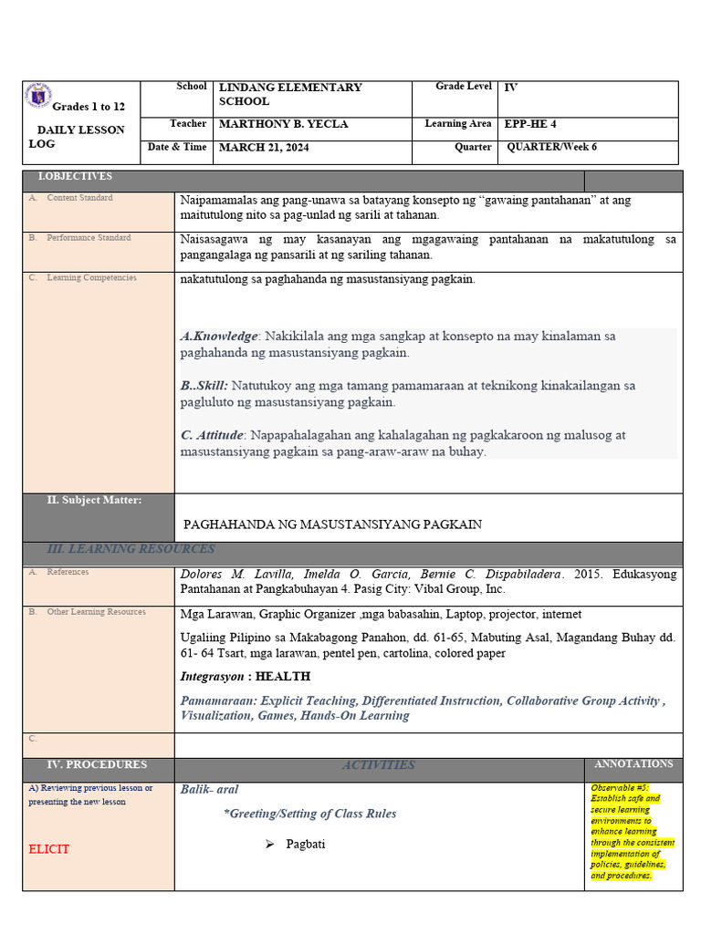 Cot EPP HE 4 Paghahanda NG Masustansyang Pagkain | PDF
