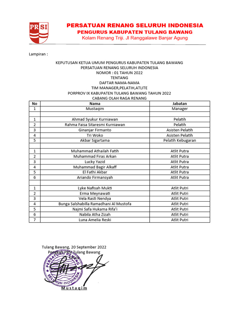 Surat Keputusan Atlit | PDF