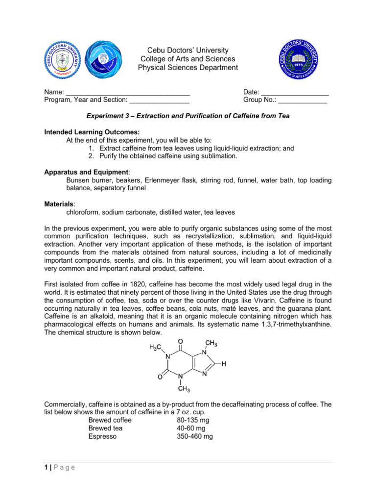 Experiment 3 - Extraction and Purification of Caffeine From Tea | PDF ...