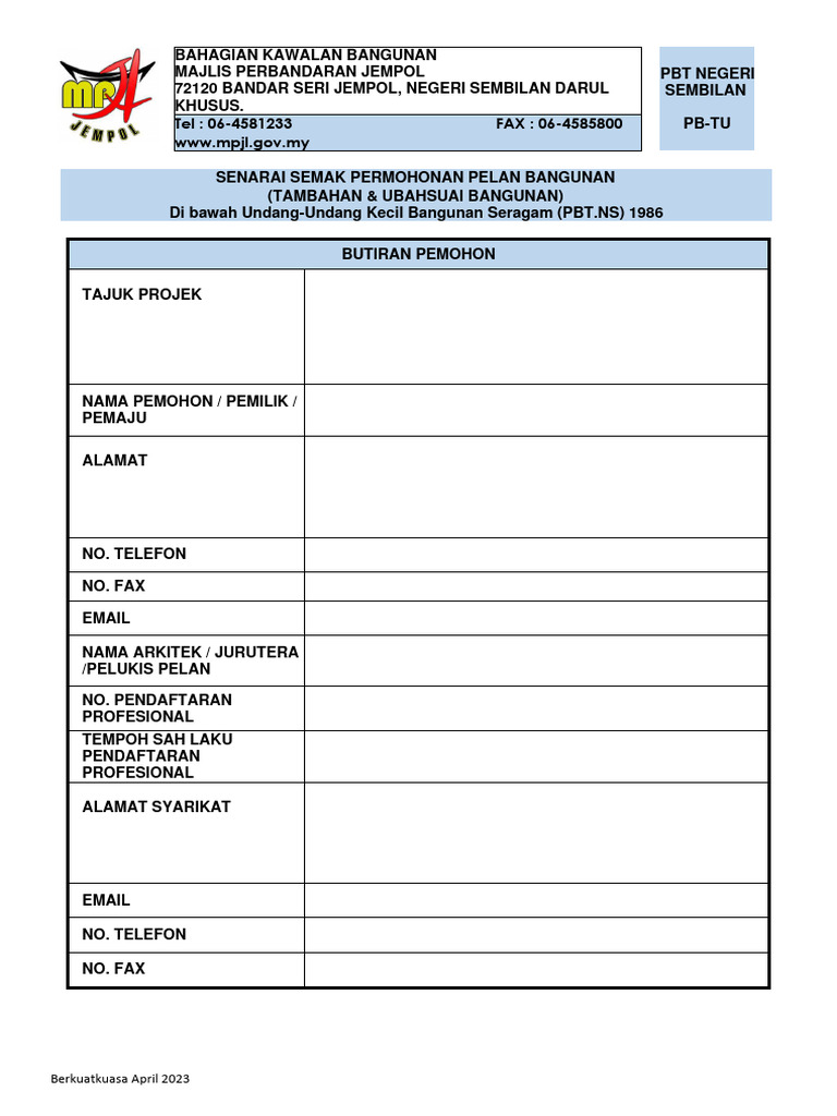 Borang Pelan Tambahan Ubahsuai Bangunan MPJL | PDF Borang Pelan Tambahan Ubahsuai Bangunan MPJL | PDF