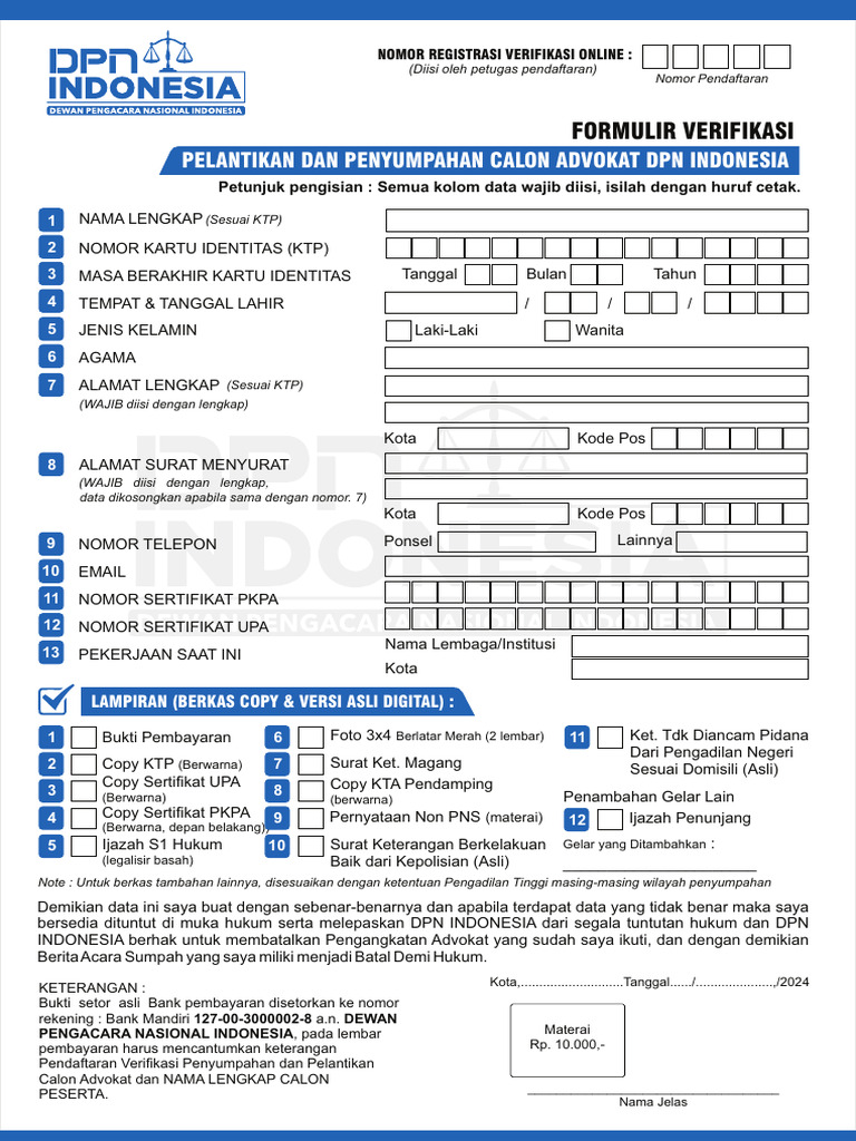 Formulir Verifikasi Penyumpahan Pelantikan DPN Indonesia 2024 | PDF