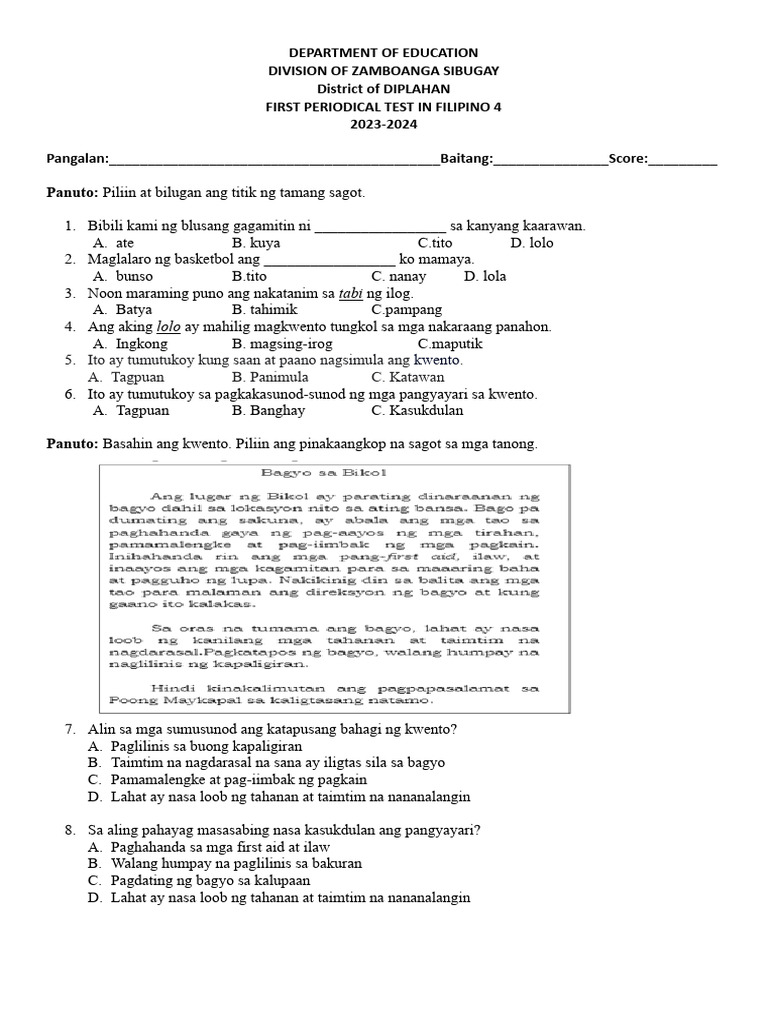 1st P Exam in Filipino Final | PDF