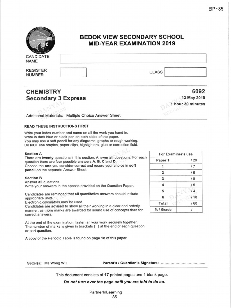 Bedok View Secondary Mid Year 2019 Sec 3 Pure Chemistry | PDF | Atoms ...