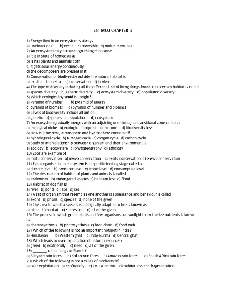 Est MCQ CH 3 | PDF | Ecosystem | Ecology