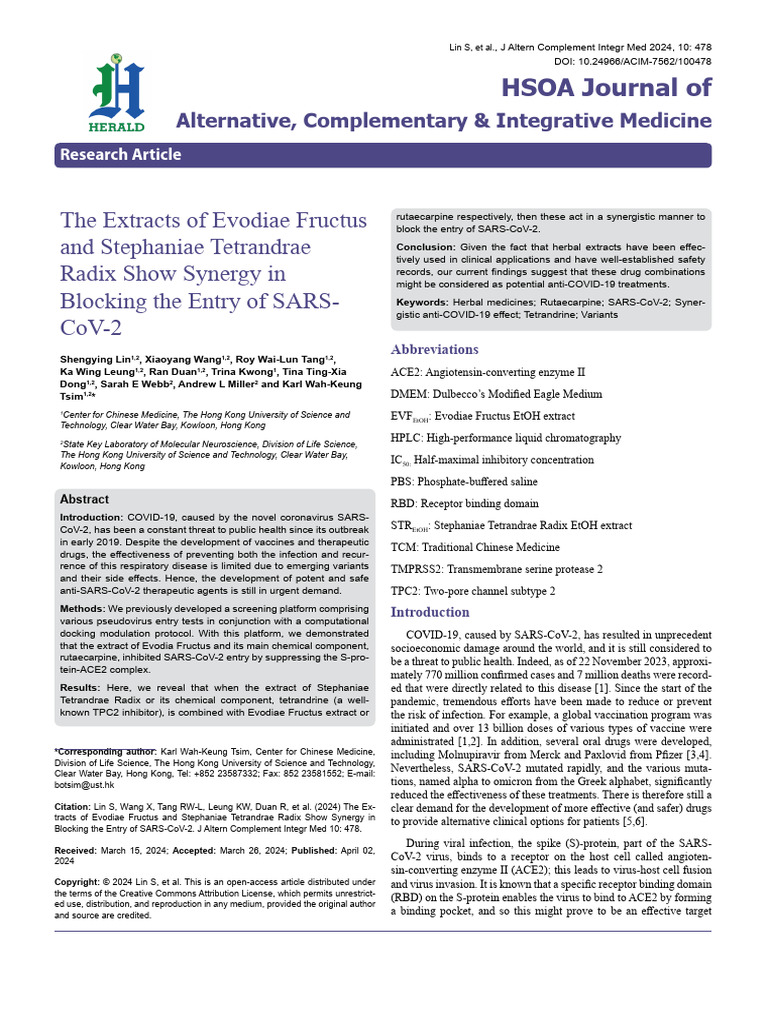 The Extracts of Evodiae Fructus and Stephaniae Tetrandrae Radix Show ...