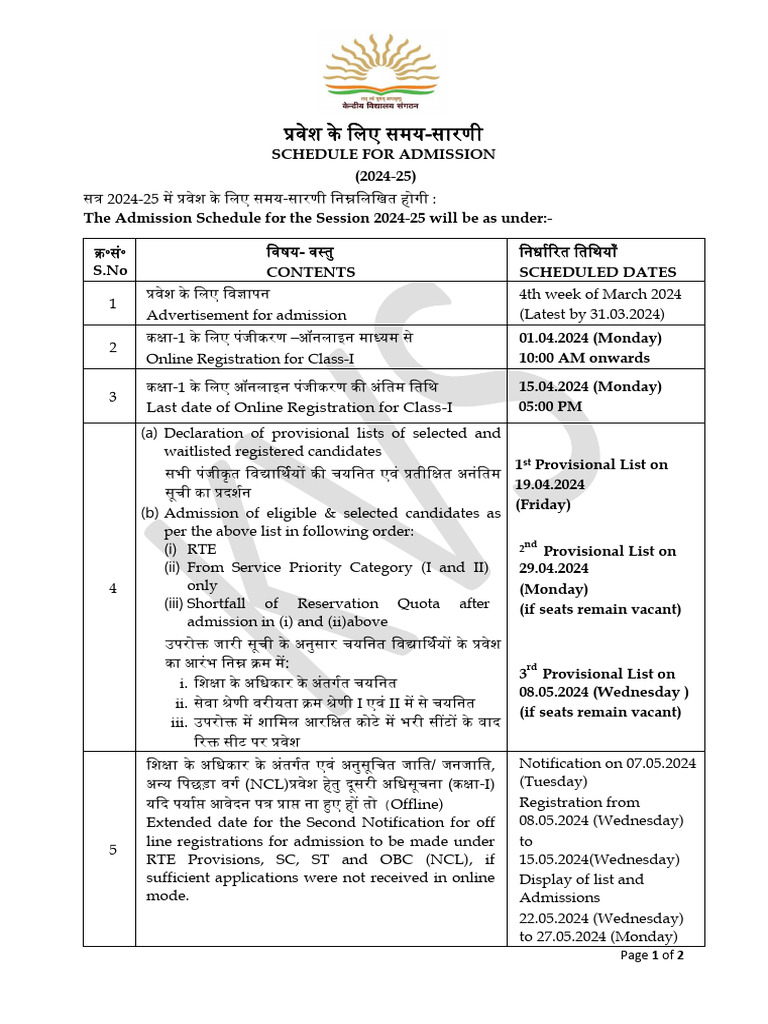 Admission Schedule (I Onward) 2024-25 | PDF