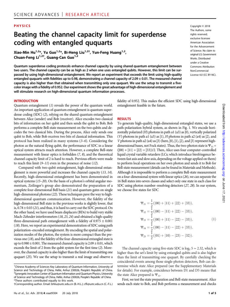 Beating The Channel Capacity Limit For Superdense Coding With Entangled Ququarts | PDF | Optics ...