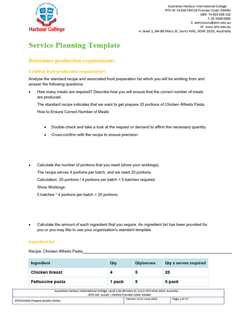 SITHCCC035 Service Planning Template | Download Free PDF | Cooking | Sauce