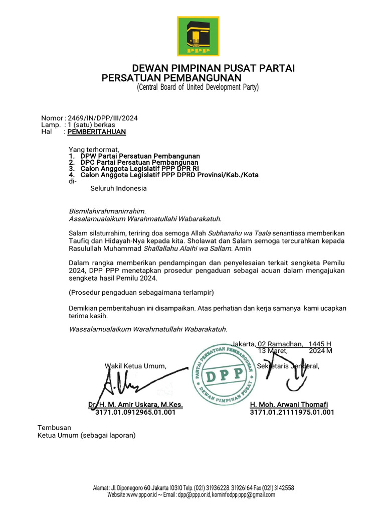 2469 (DPW, DPC Dan Caleg PPP) Pemberitahuan 13032024-1 | PDF