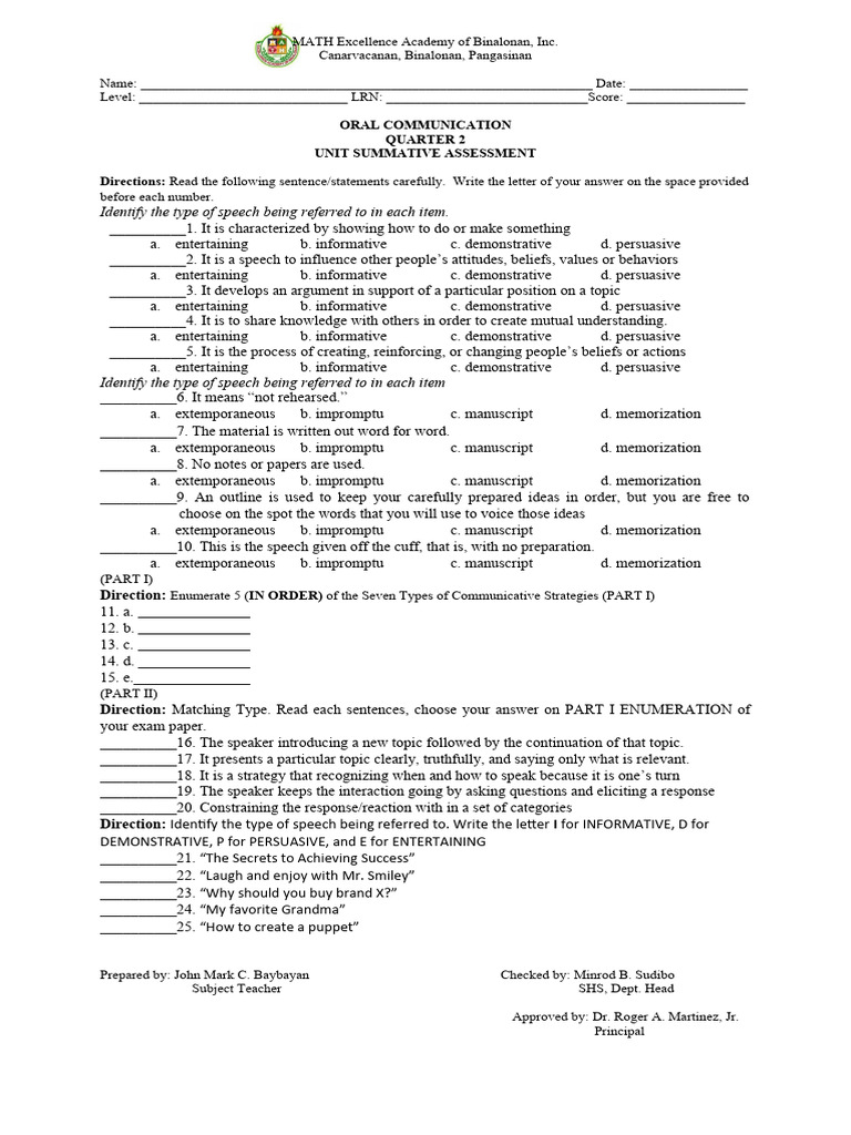 q2 Usa Oral Comm | PDF | Cognitive Science | Psychology