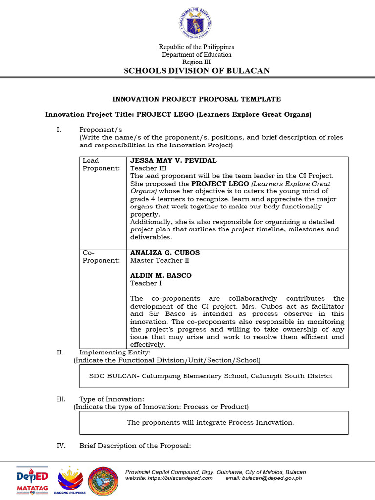 Innovation Project Proposal: PROJECT LEGO | PDF | Learning