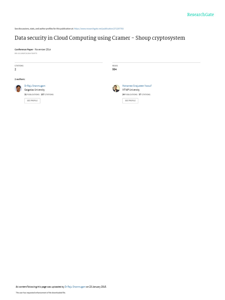 Data Security in Cloud Computing Using Cramer - Shoup Cryptosystem | PDF | Encryption | Cryptography