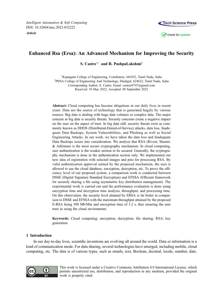 Enhanced Rsa Ersa An Advanced Mechanism For Improving The Security - 2023 - Tech Science Press ...
