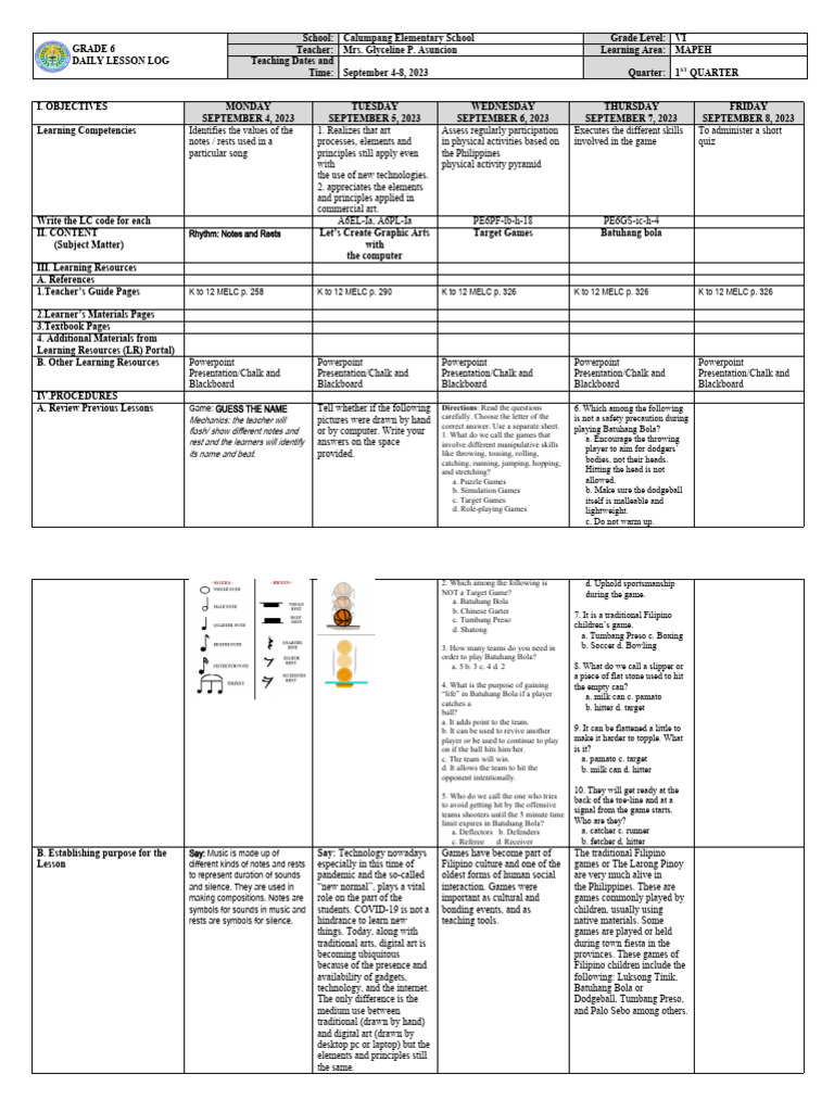 Grade 6 MAPEH Daily Lesson Log | PDF