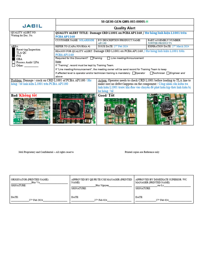 Damage CRD L1001 On PCBA AP1160 | PDF | Quality