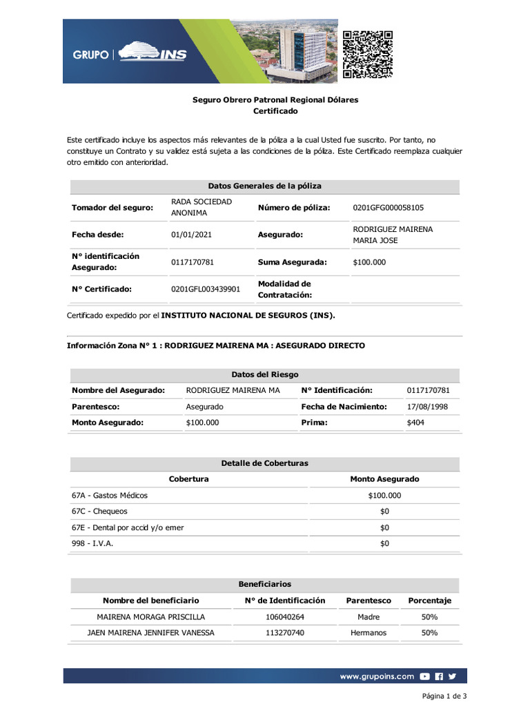 0201GFL003439901 Certificado Gastos M Dicos Del INS 067 671 20210218 164442 | PDF | Seguro ...