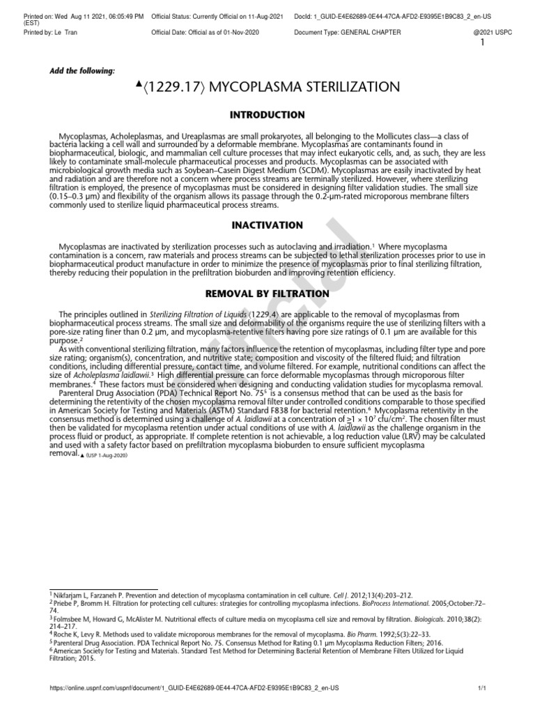 〈1229.17〉 MYCOPLASMA STERILIZATION | PDF | Sterilization (Microbiology ...