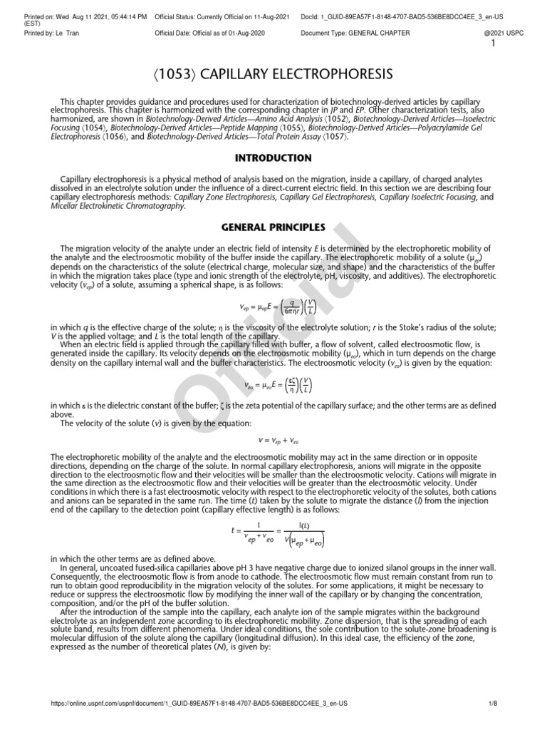 〈1053〉 CAPILLARY ELECTROPHORESIS | PDF | Capillary Electrophoresis | Physical Chemistry