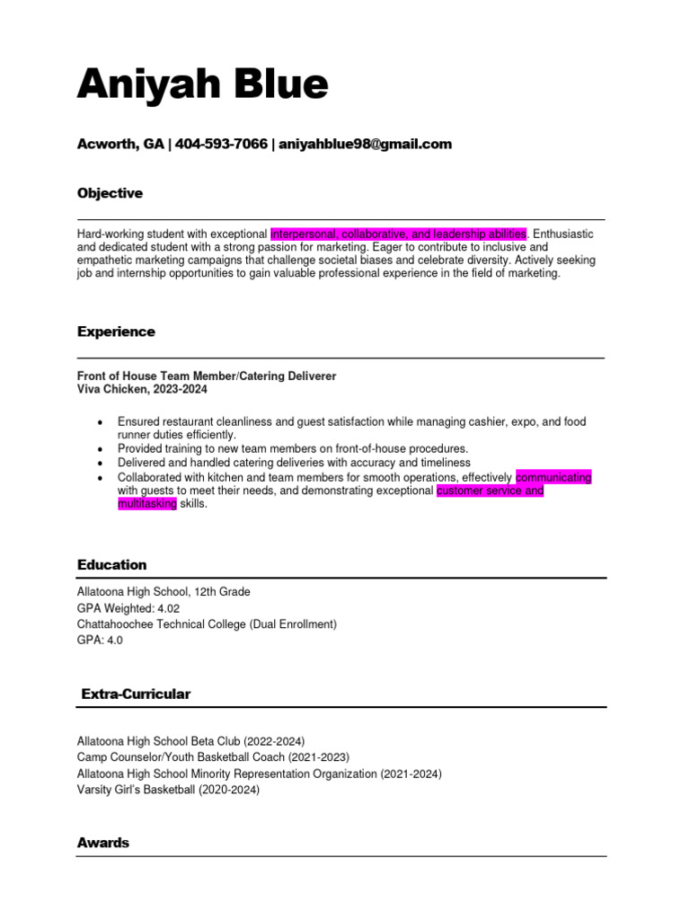 Aniyah Blue Resume wbl-5 | PDF