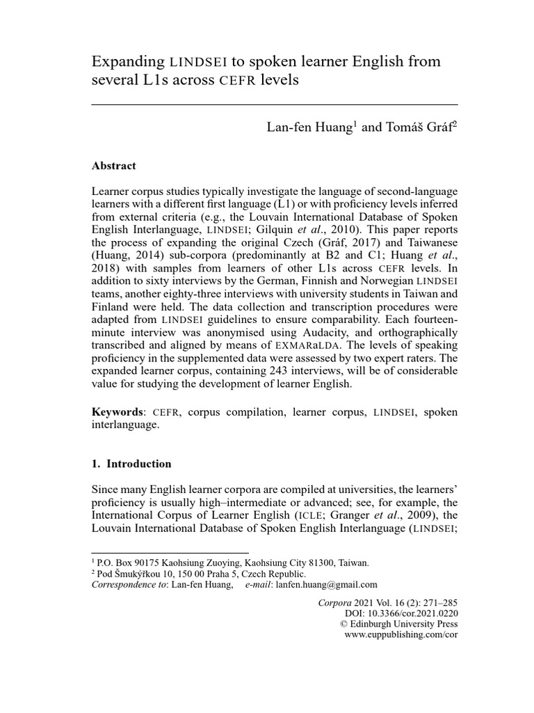 Expanding LINDSEI To Spoken Learner English From Several L1s Across ...