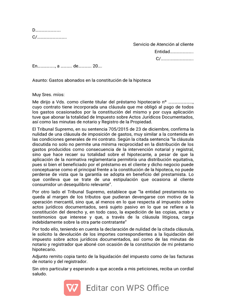 Modelo Reclamacion Hipoteca | PDF | Hipotecas | Ley común