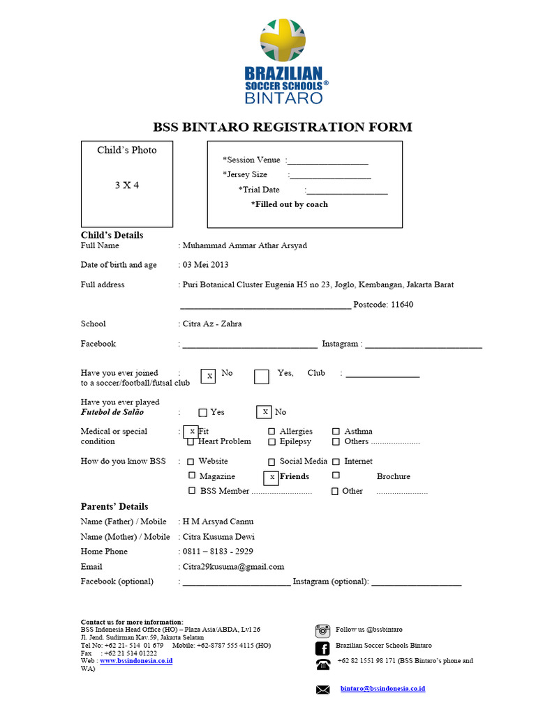 BSS Bintaro Registration Form 2022 PDF Indonesian Rupiah