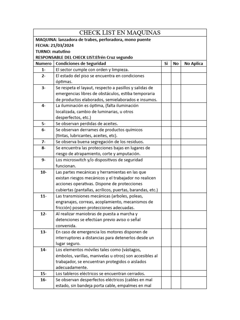 Check List en Maquinas | PDF | Bienes manufacturados