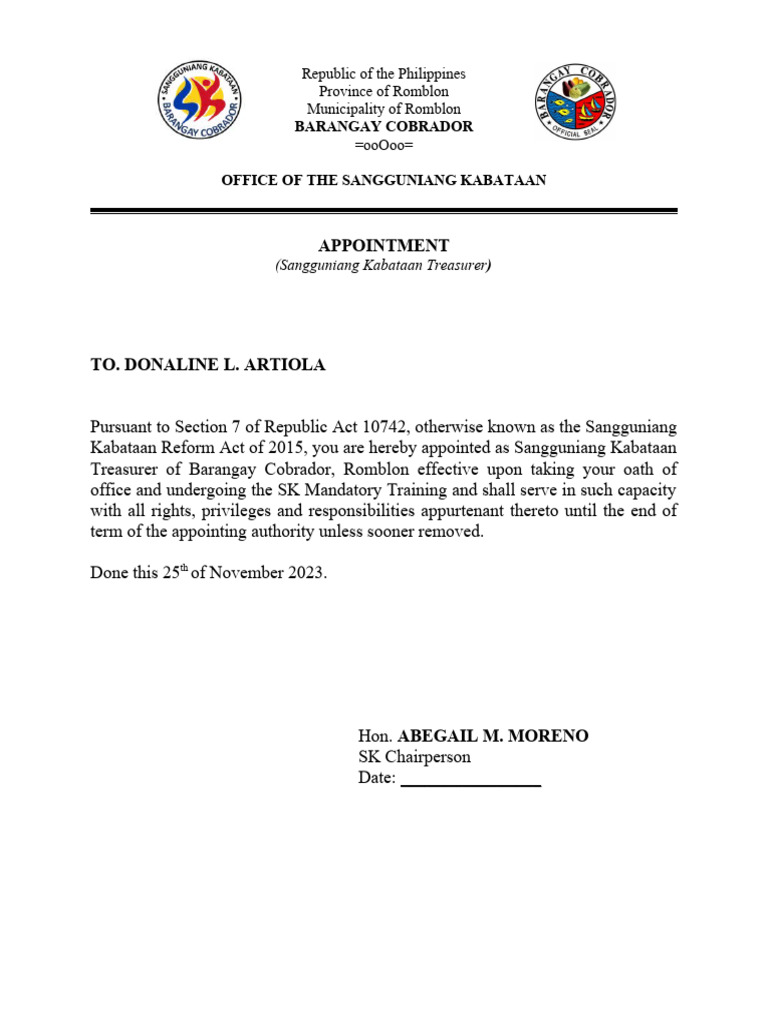 SK Treasurer Appointment 1 | PDF