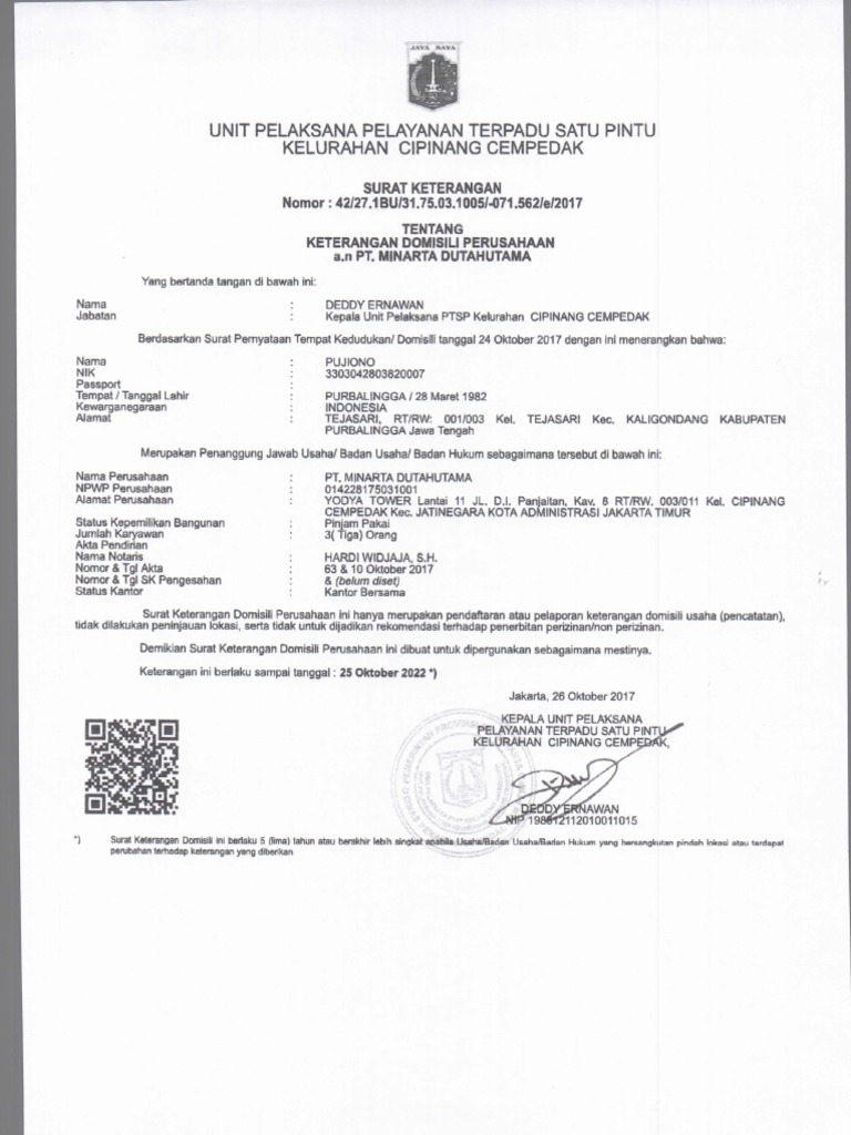 Surat Keterangan Domisili (Yodya Tower) | PDF