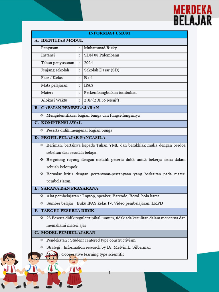 Modul Ajar Kelas 4 Ipas Materi Bagian Bunga Dan Fungsinya by Muhammad Rizky | PDF