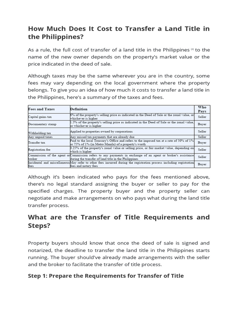 Land Title Transfer Costs in Philippines | PDF | Taxes | Conveyancing
