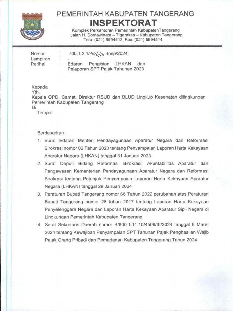 Surat Edaran Pengisian LHKAN Dan Pelaporan SPT Tahun 2023 | PDF
