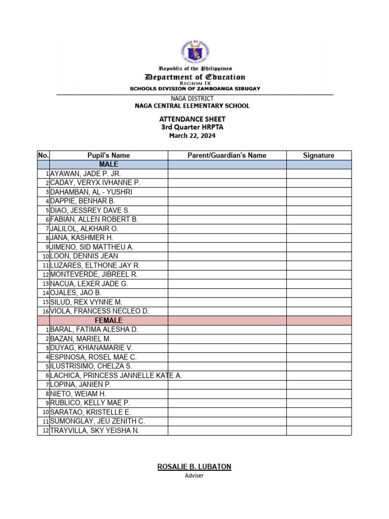 Attendance Sheet For Parents | PDF