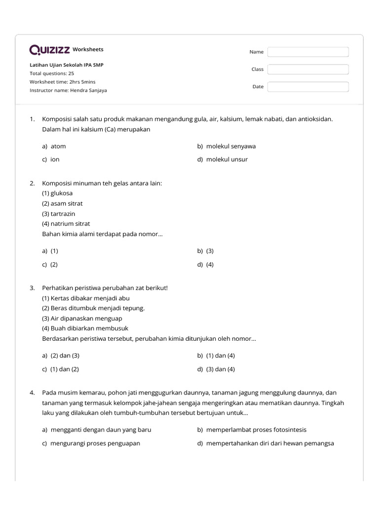 Latihan Ujian Sekolah IPA SMP - Quizizz | PDF