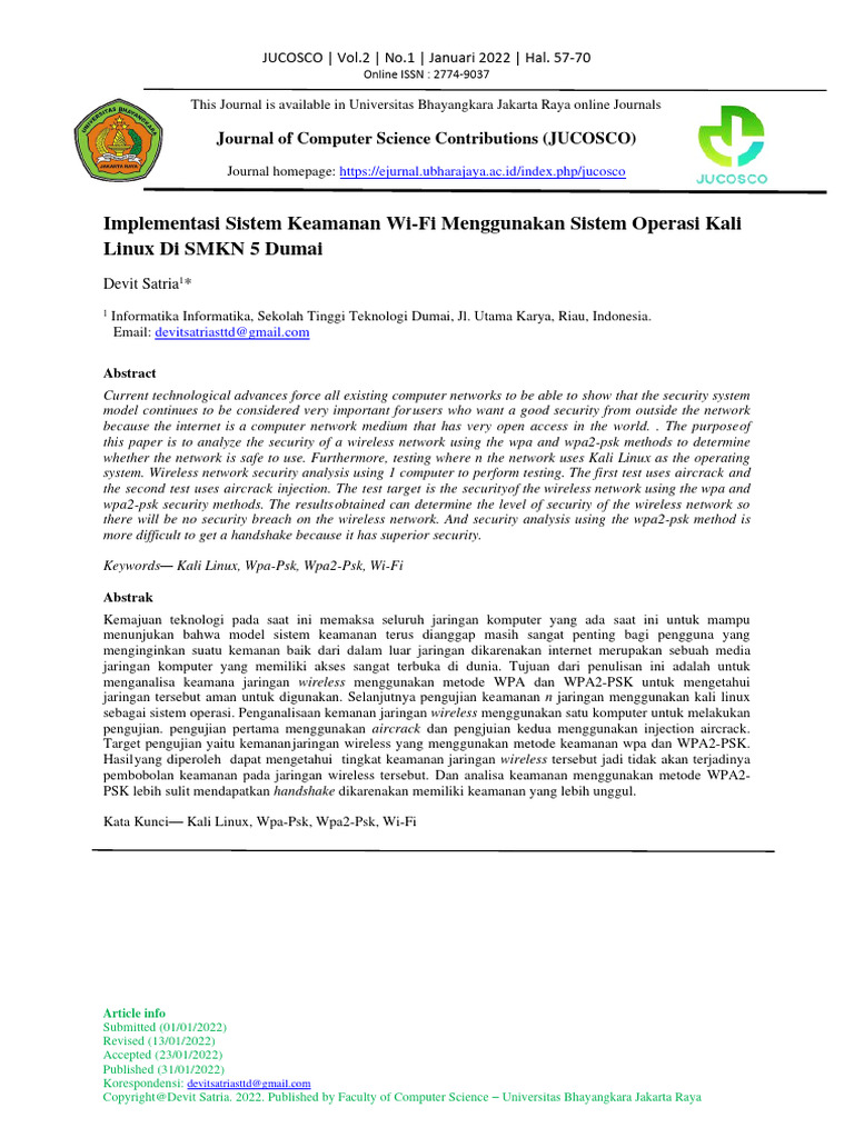 Implementasi Sistem Keamanan Wi-Fi Menggunakan Sistem Operasi Kali Linux Di SMKN 5 Dumai | PDF