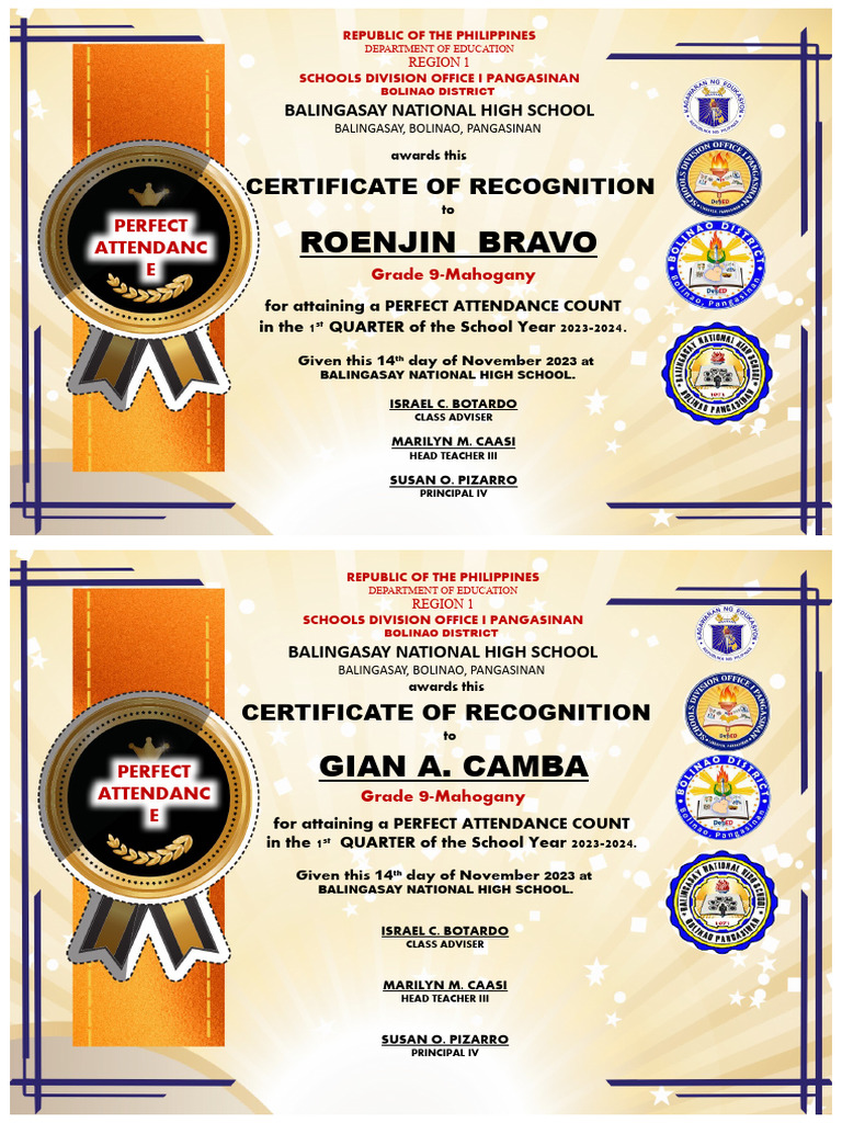 Certificate 1st Quarter Perfect ATTENDANCE | Download Free PDF ...