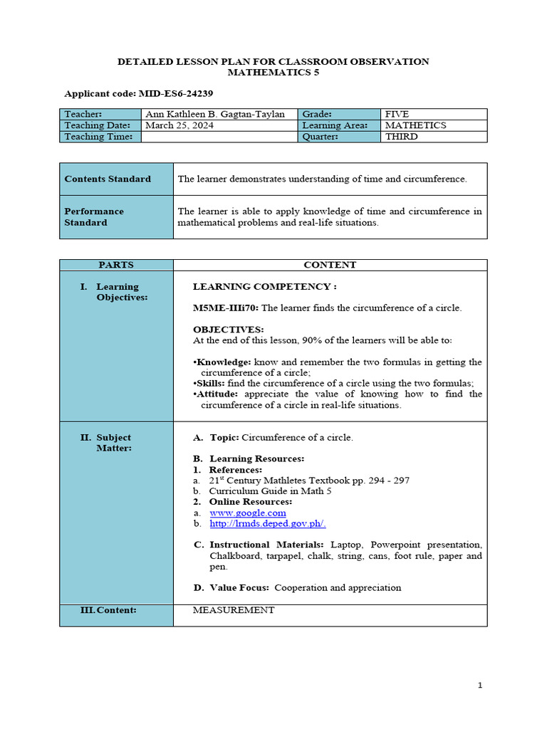 DETAILED LESSON PLAN FOR CLASSROOM OBSERVATION Math52024 | Download ...