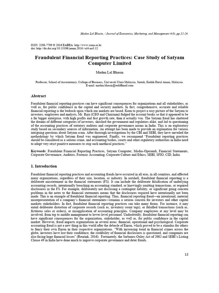 Satyam Fraud Case Study Analysis | PDF | Accounting | Fraud