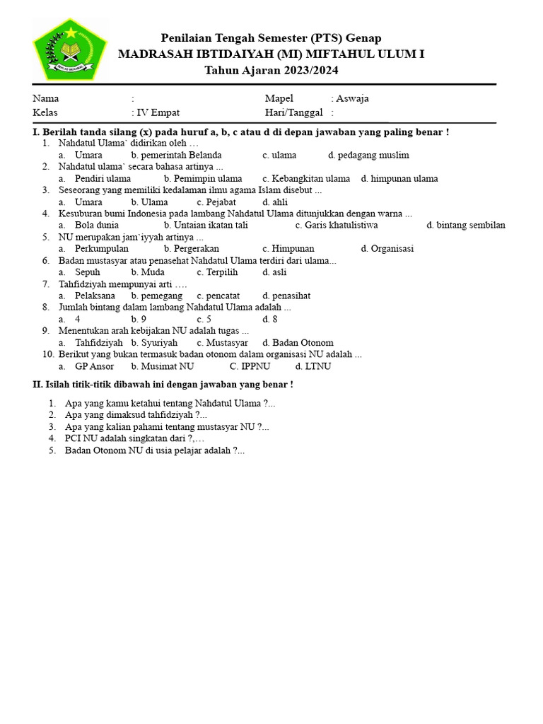 SOAL PTS Aswaja KELAS IV | PDF