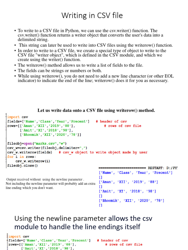 Writing And Reading In Csv Files Pdf Comma Separated Values Parameter Computer Programming